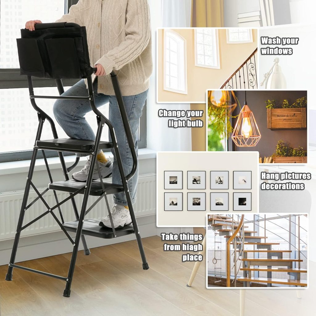 Usinso 4 Step Ladder Tool Ladder Folding Portable Steel Frame Max 500