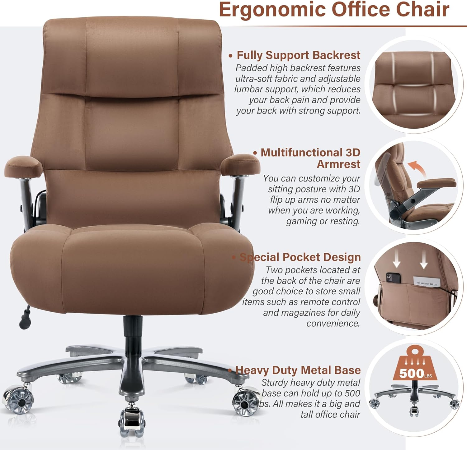 Big and Tall Office Chair 500lbs Executive Desk Chair with Adjustable Lumbar Support 3D Flip UP Arms Heavy Duty Quiet Wheels Metal Base Ergonomic