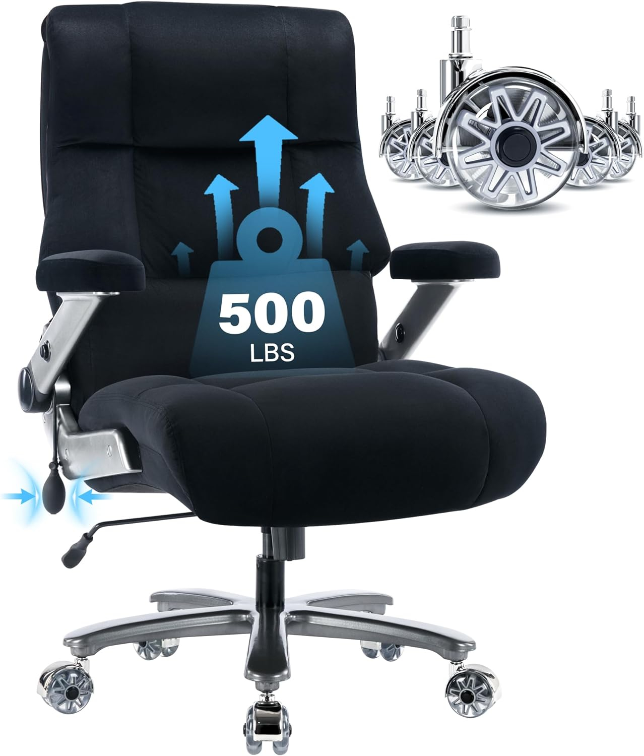Big and Tall Office Chair 500lbs Executive Desk Chair with Adjustable Lumbar Support 3D Flip UP Arms Heavy Duty Quiet Wheels Metal Base Ergonomic