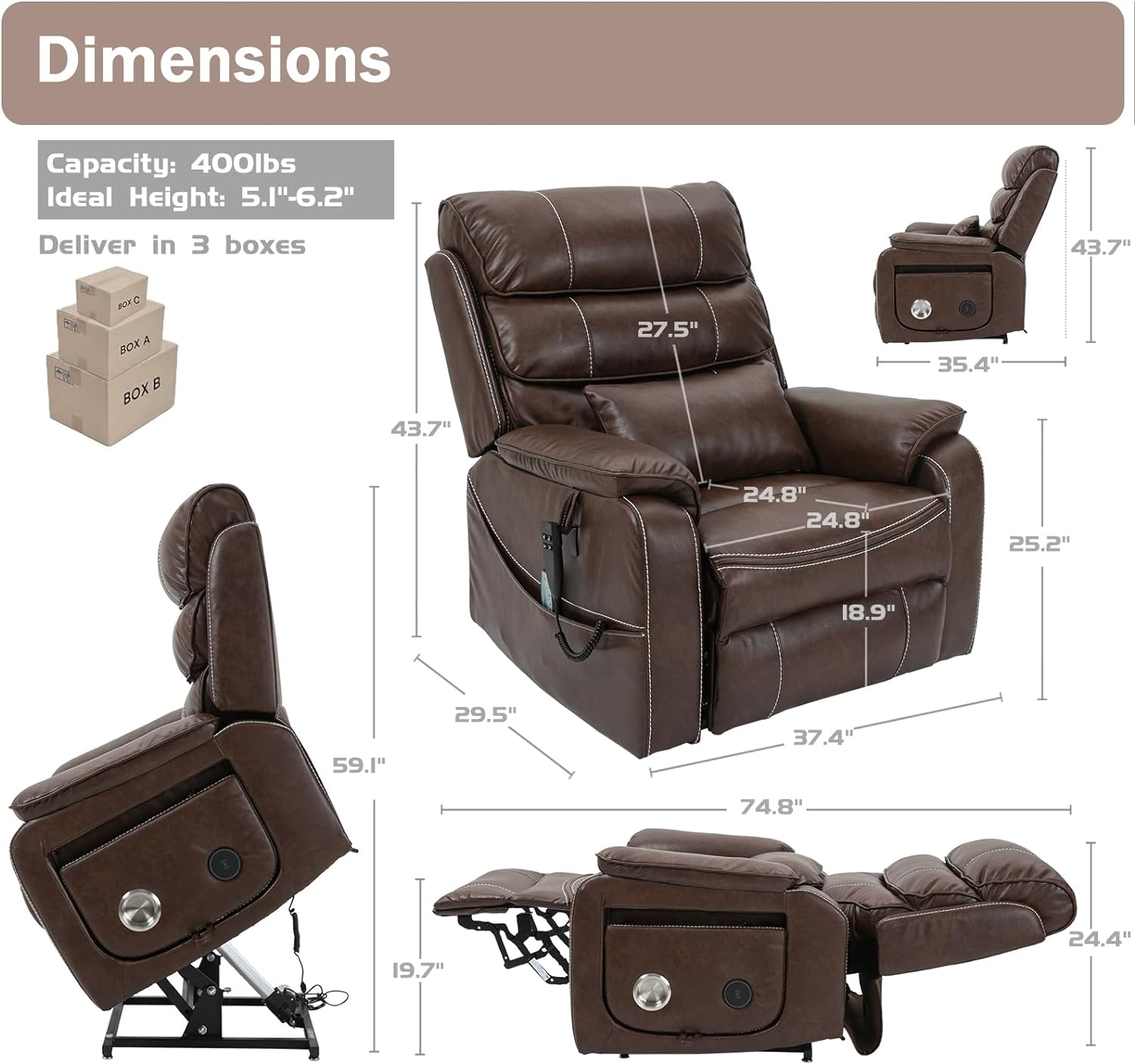 JIKFRIMA Power Lift Recliner Chair for Adults Elderly Lay Flat Brown ...